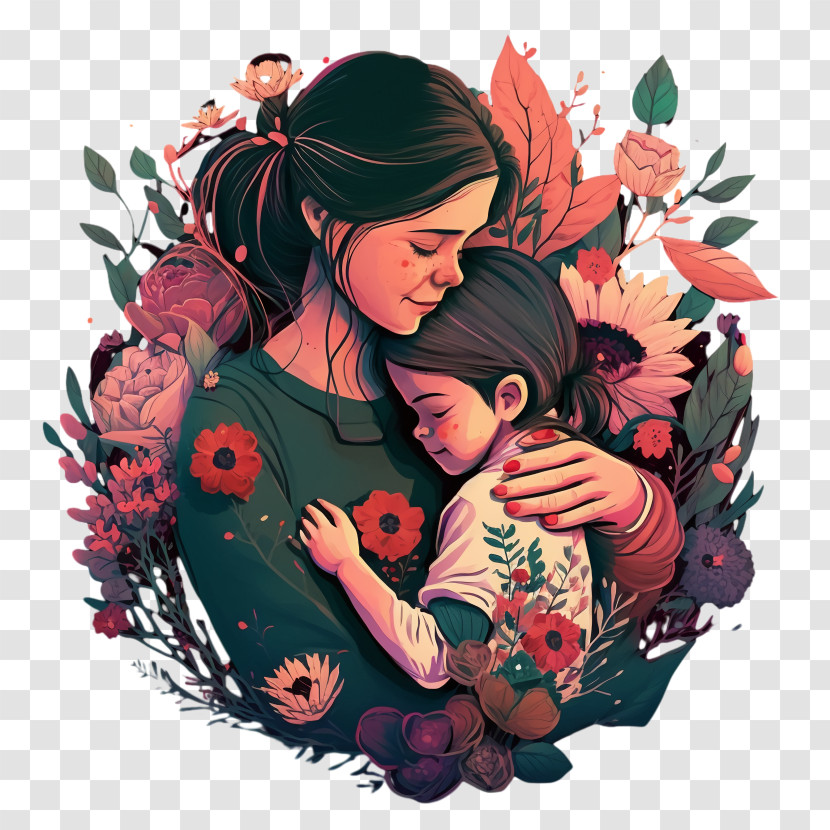 Watercolor Mother - Mother And Child Hugging With Flowers Transparent PNG